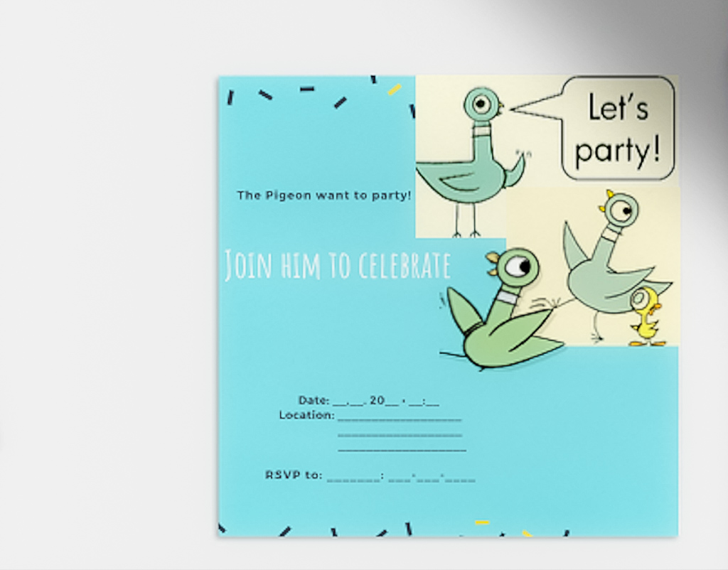 Mo Willems Pigeon Party Printable Invitation - Adanna Dill